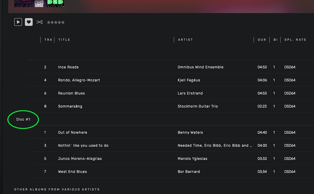 Why is Disc#1 randomly shows up on album song list - Studio - Audirvana